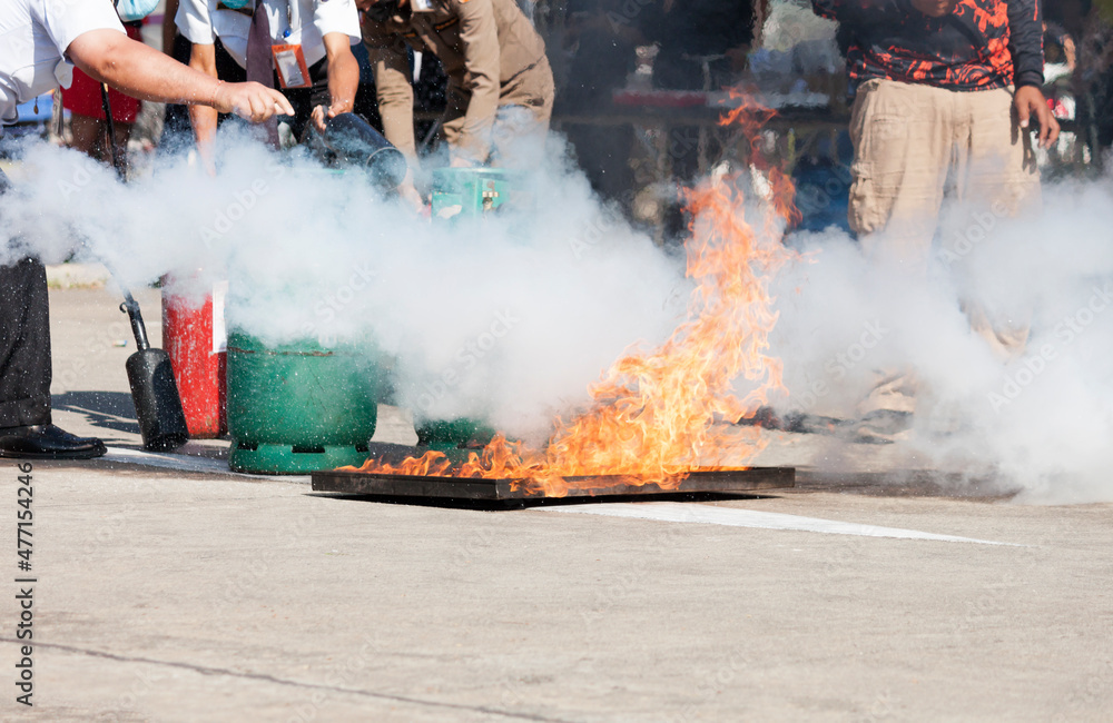 Simulate gas leak firefighting training. and primary fire evacuation ...