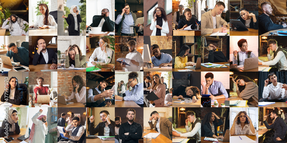 Collage made of portraits of multiethnic people, businessmen at office ...