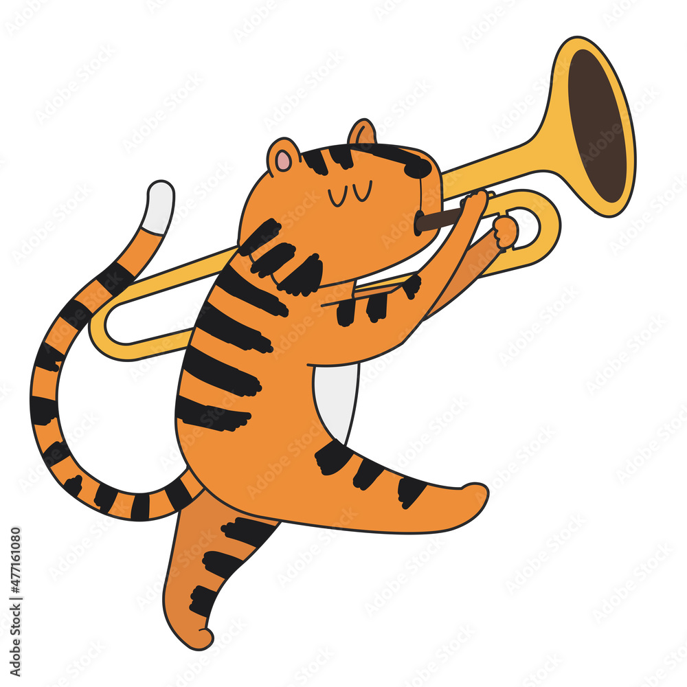 Cute cartoon tiger going aside and playing trombone. A funny orange ...