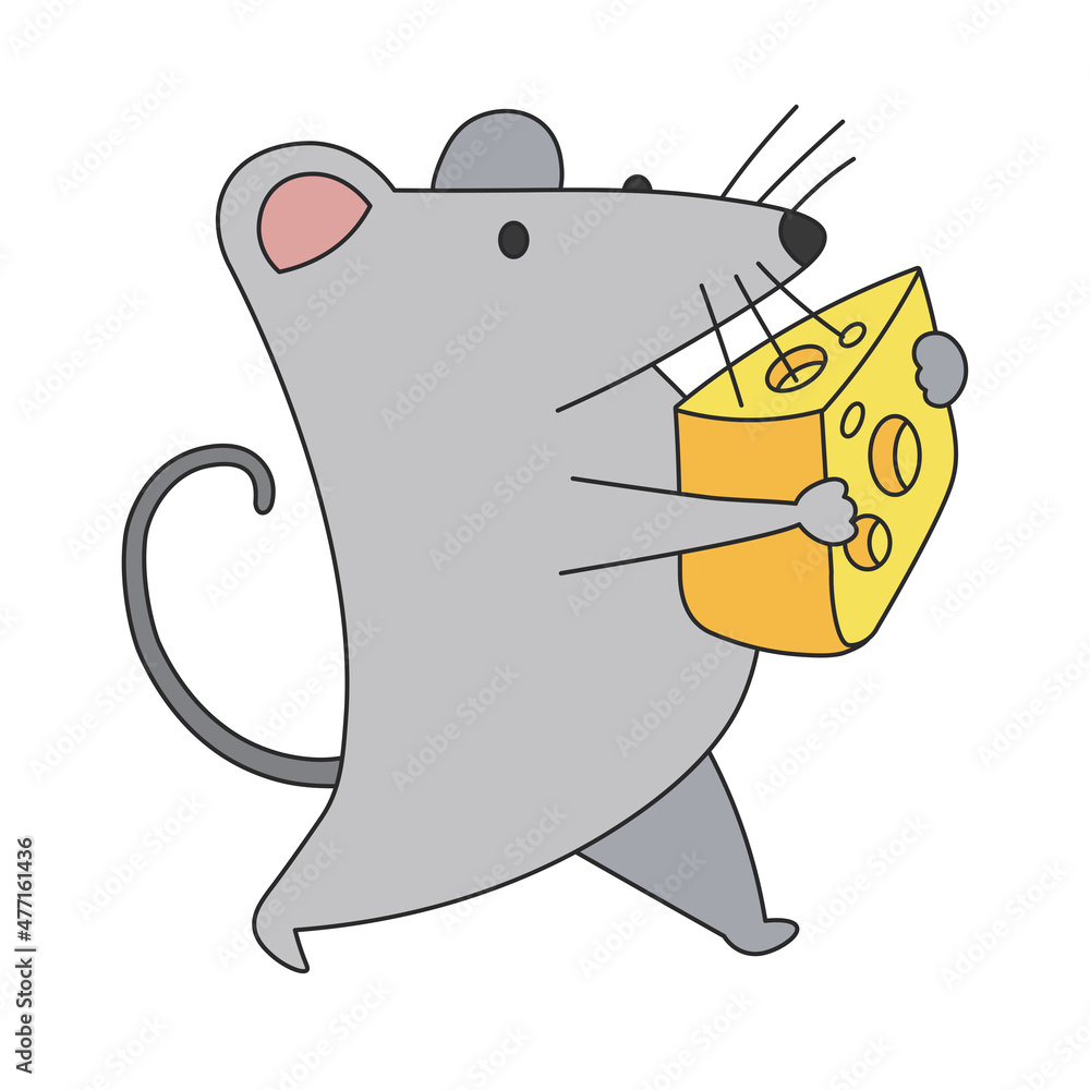 Cute cartoon mouse going aside and carrying cheese. A funny grey mouse ...