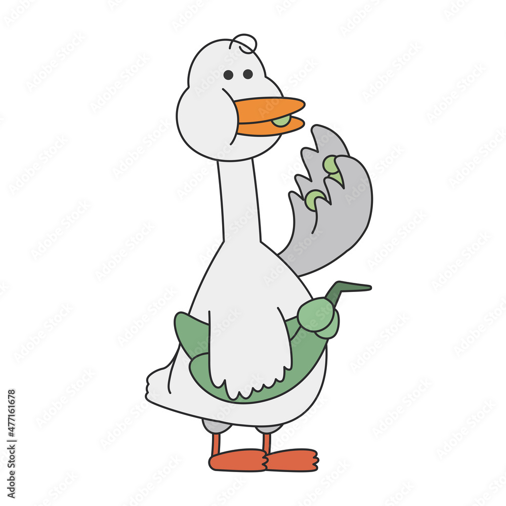 Cute cartoon goose standing and eating peas. A funny grey goose with ...