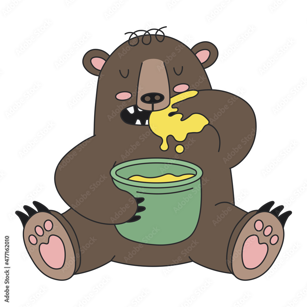 Cute cartoon bear eating honey with closed eyes. A funny brown bear has ...
