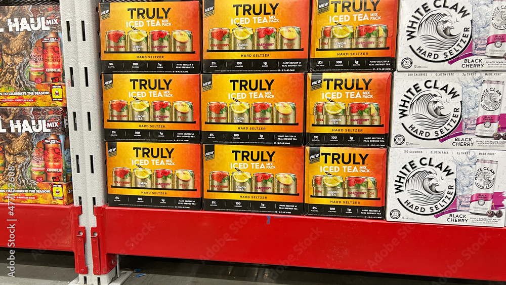Cases of cans of Truly Flavored Hard Iced Teas at a Sams Club grocery ...