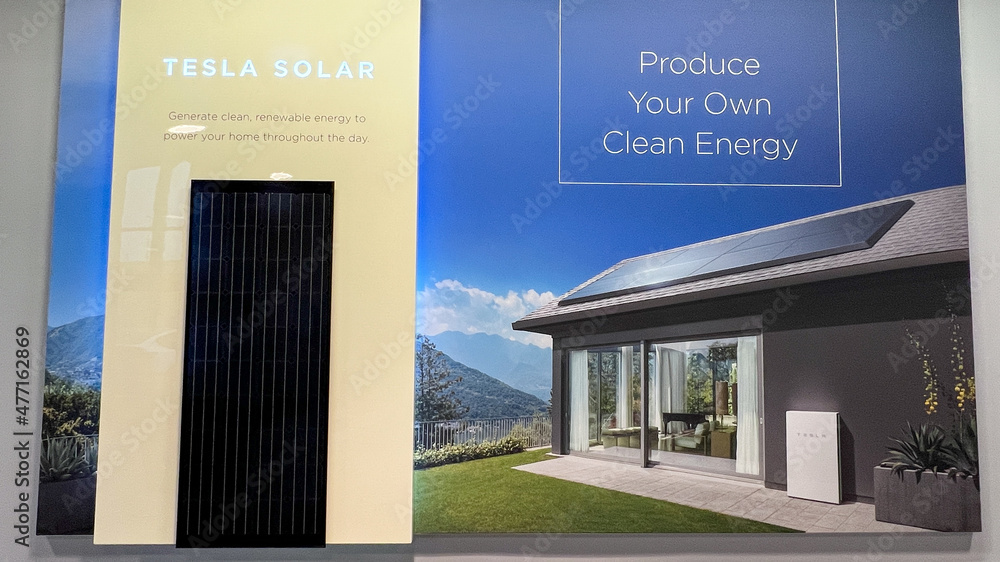 The Tesla Powerwall and Solar Sign at the entrance of the Tesla ...