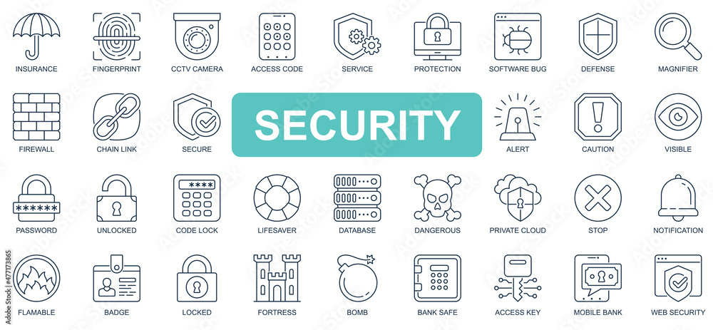 Security concept simple line icons set. Pack outline pictograms of ...