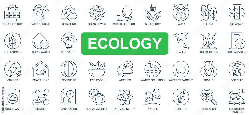Ecology concept simple line icons set. Pack outline pictograms of solar ...