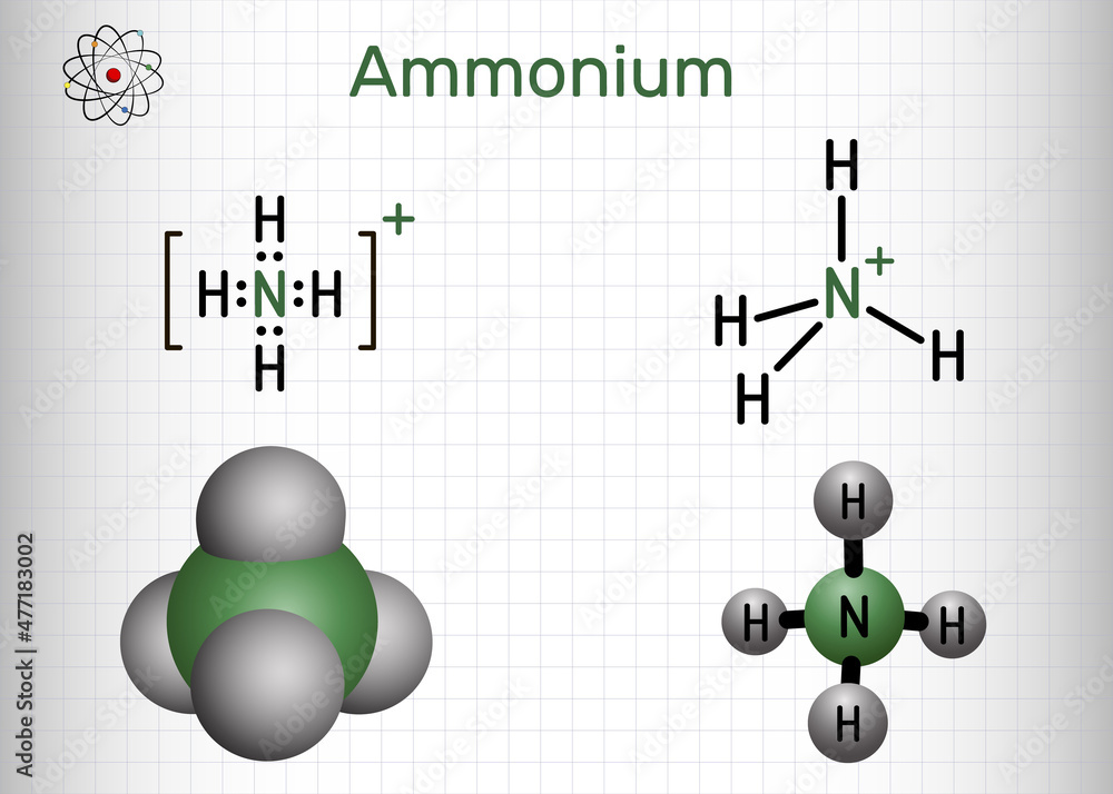 Ammonium cation, azanium molecule. It is positively charged polyatomic ...
