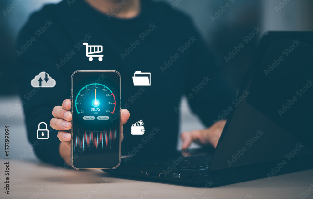 Fast internet connection with Metaverse technology concept, Hand ...