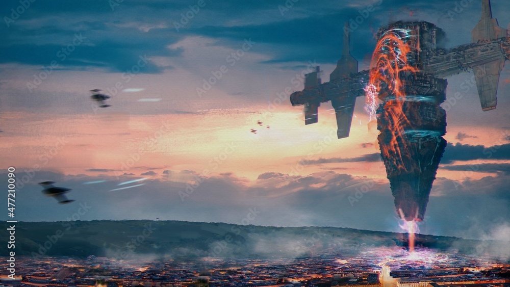 Digital painting of a large alien ship attacking earth with smaller ...