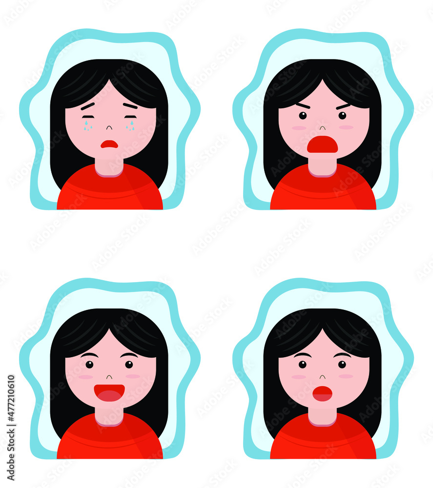 black hair girl character with different emotions happy, sad, angry and ...