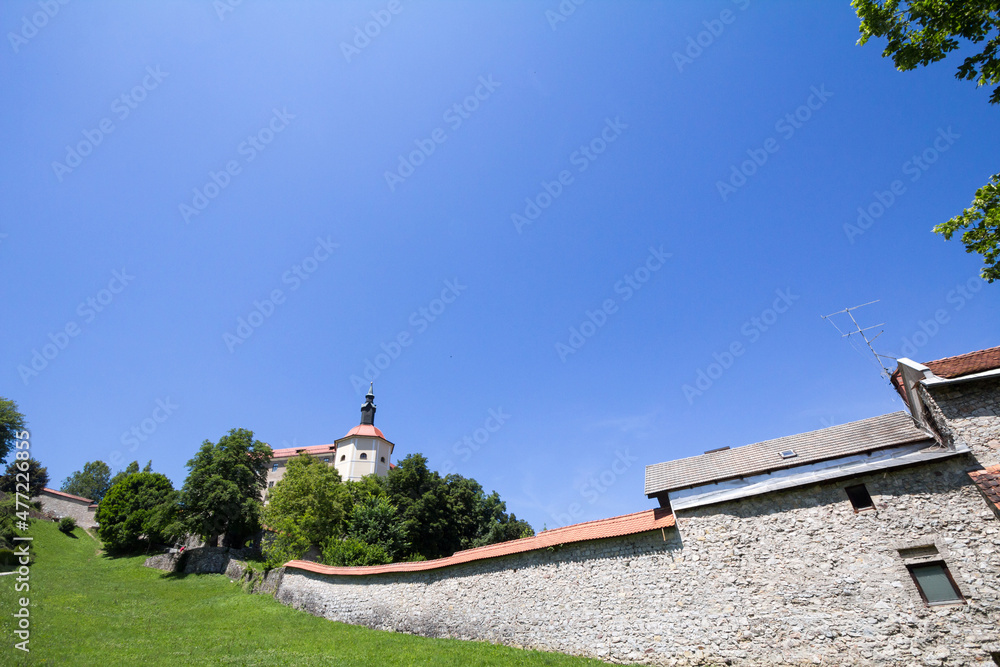 Loski Grad, or Loka Castle, during a sunny summer afternoon. The Loski ...