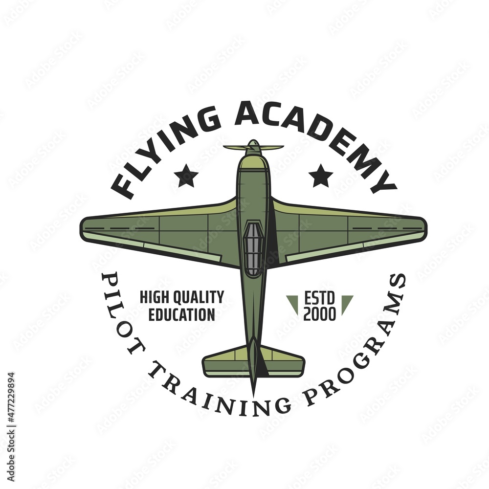 Flying academy icon with army vintage airplane. Pilot school retro ...