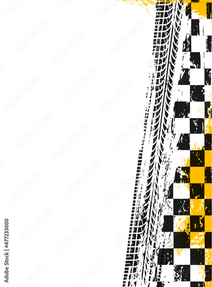 Racing sport grunge background, checkered racing flag with grunge tire ...