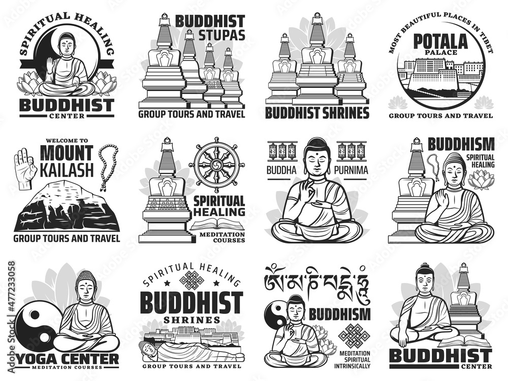 Buddhism shines tours, meditation and yoga center icons. Buddhism ...