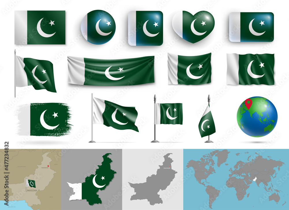 Pakistan flags of various shapes and country map set. Realistic ...