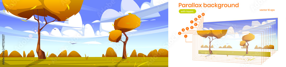 Autumn landscape with orange trees, bushes and lawn. Vector parallax ...