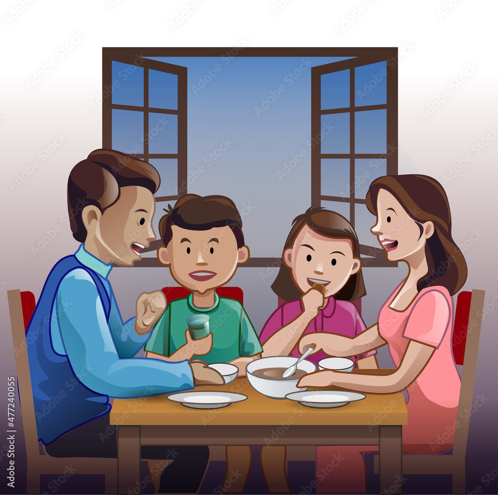 vector illustration, happy family gathering in dining room. Stock ...