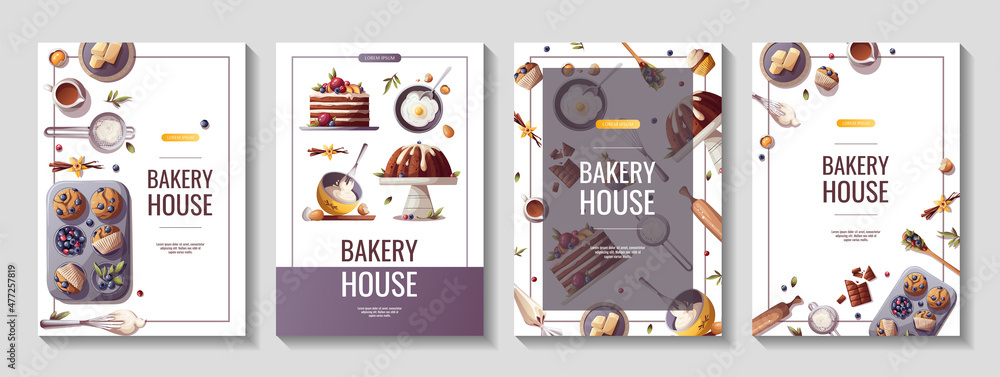 Set of flyers for baking, bakery shop, cooking, sweet products, dessert ...