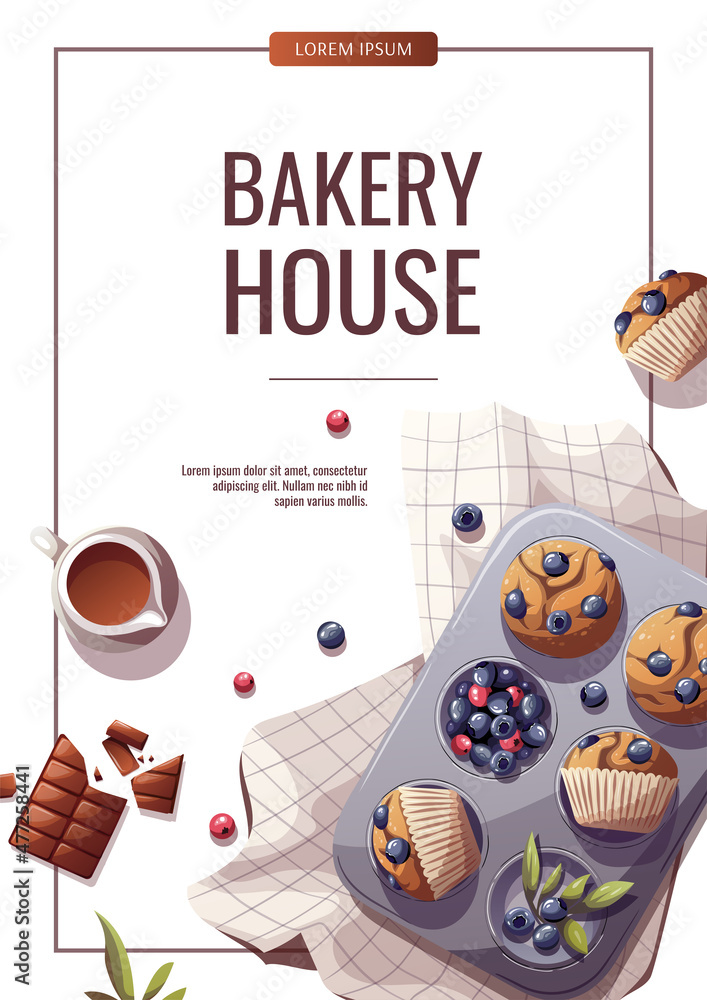 Flyer design with muffins. Baking, bakery shop, cooking, sweet products ...
