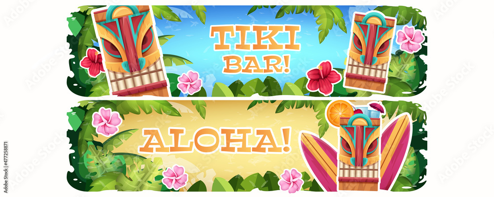 Banners with traditional wooden tribal mask, tropical hawaii exotic ...