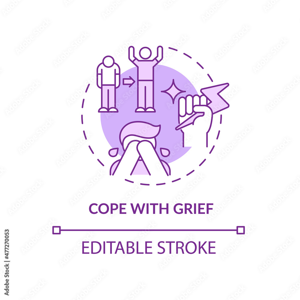 Cope with grief purple concept icon. Experiencing loss through death ...