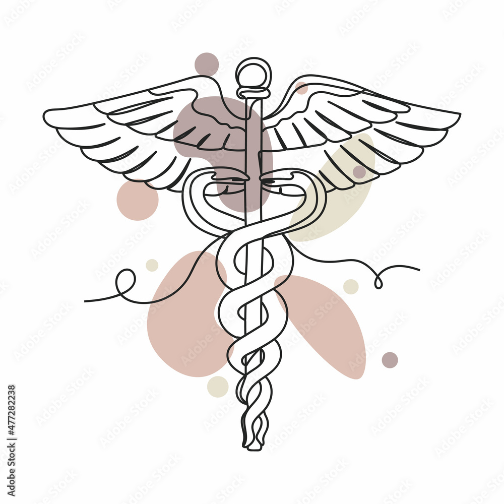Continuous one simple single abstract line drawing of caduceus medical ...