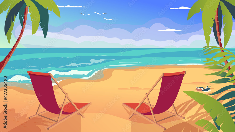 Sea view concept in flat cartoon design. Sun loungers is on beach under ...