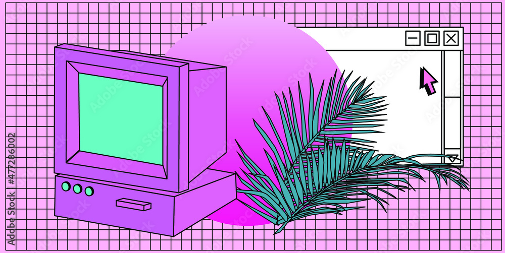 Old retro computer with CRT monitor on a grid background. Vaporwave ...