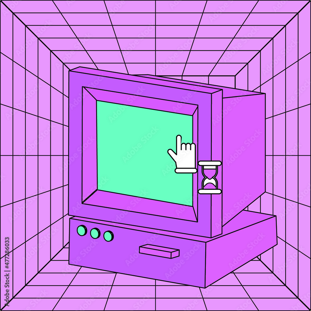 Old retro computer with CRT monitor on a grid background. Vaporwave ...