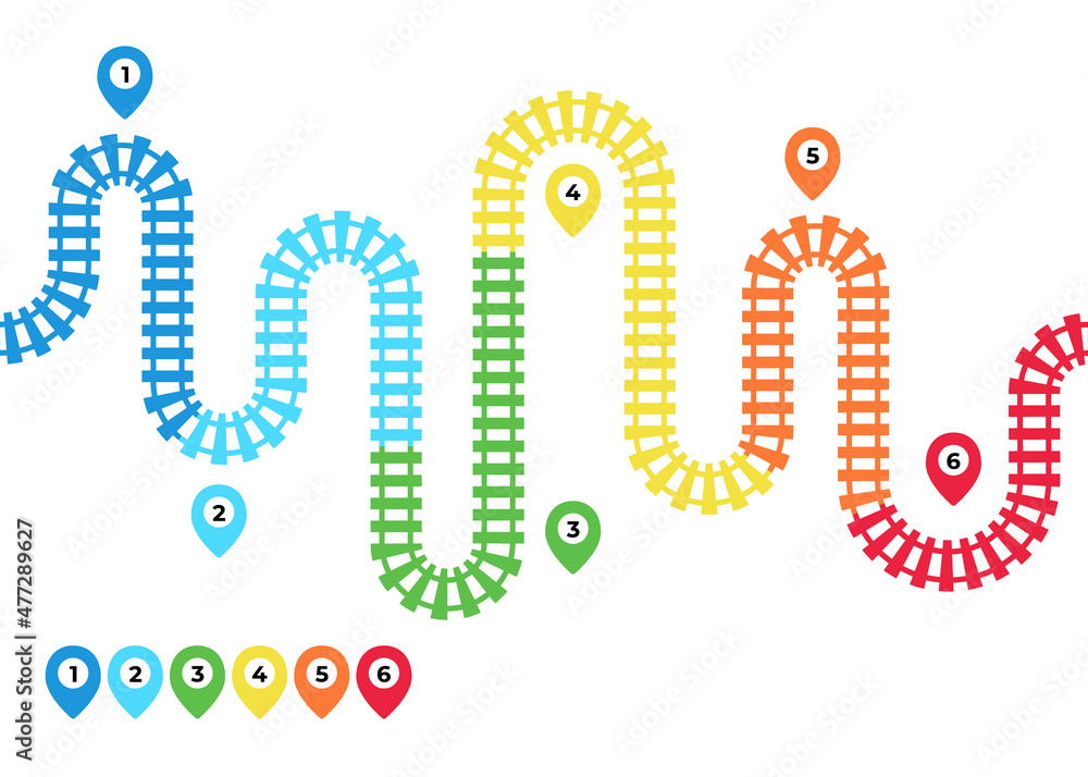Railroad track with stations map, railway route for train. Colorful ...