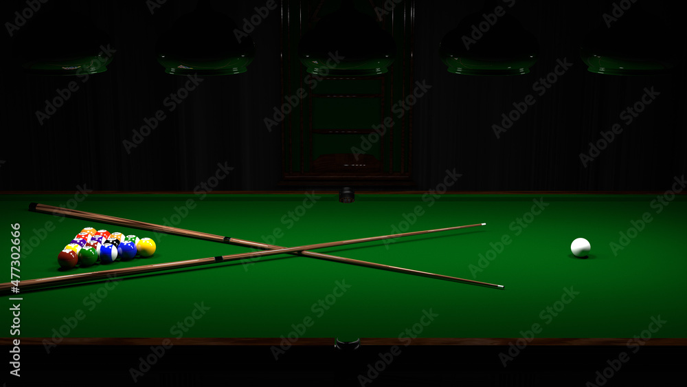 Billiard balls on the table with a cue. American billiards. 3D ...
