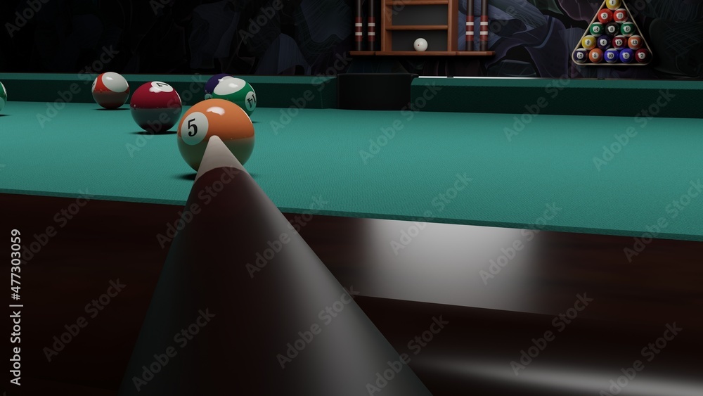 Billiard balls on the table with a cue. American billiards. 3D ...
