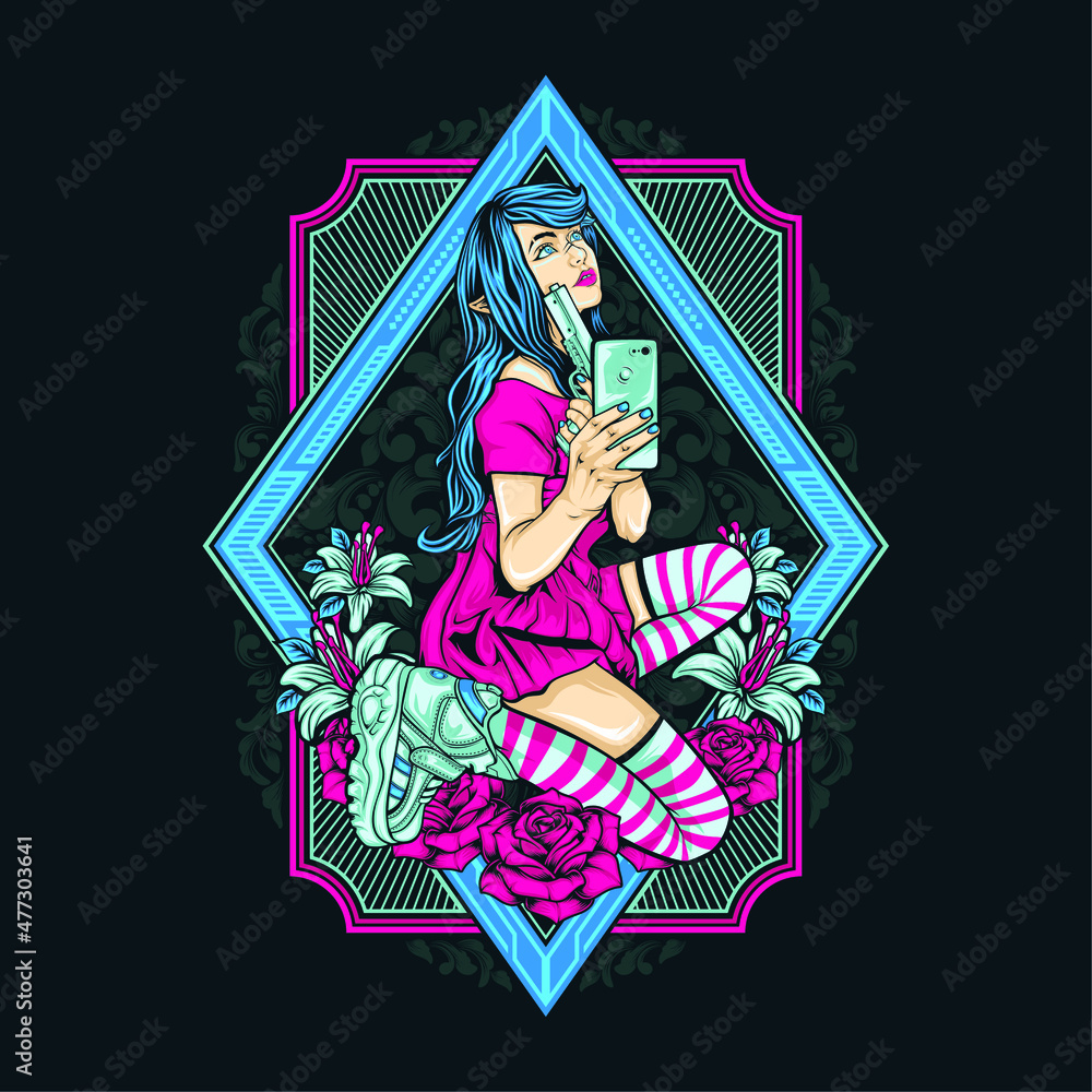 beautiful girl in action illustration with awesome backgrounds Stock ...