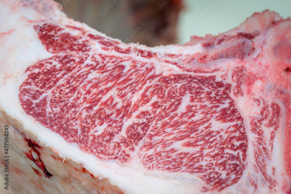 Close-up of A5 Wagyu beef marble pattern In the slaughterhouse where ...