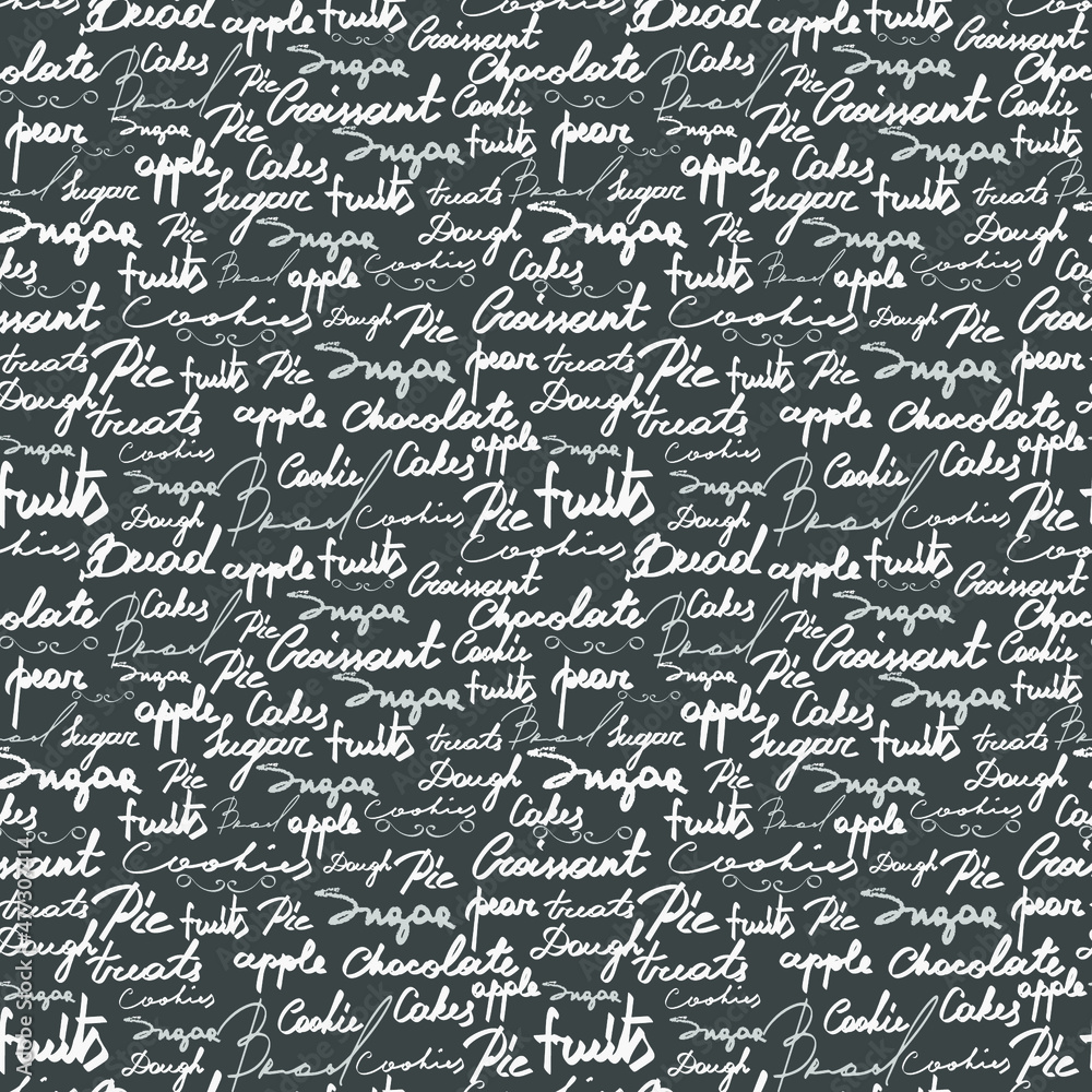 Food Lettering vector pattern. Grey and white letters hand drawn style ...