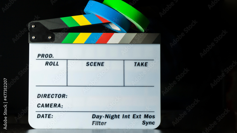 Film clapper board with colored marking tapes in internet content ...