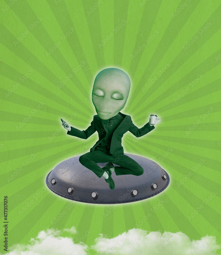 Green alien with human body sitting on small UFO in lotus position and ...