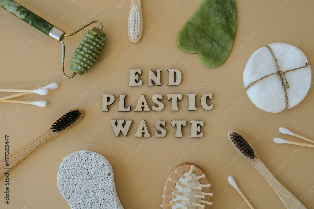 END PLASTIC WASTE text around Natural skin care products on neutral ...