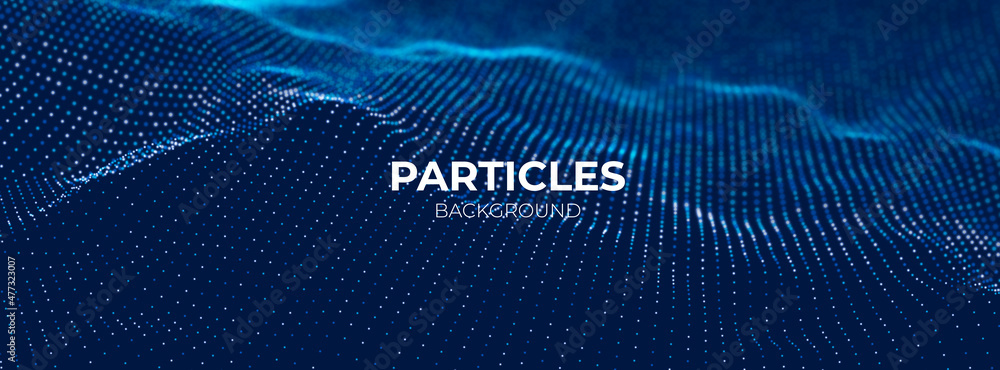 Wave of blue particles. Abstract technology flow background. Sound mesh ...
