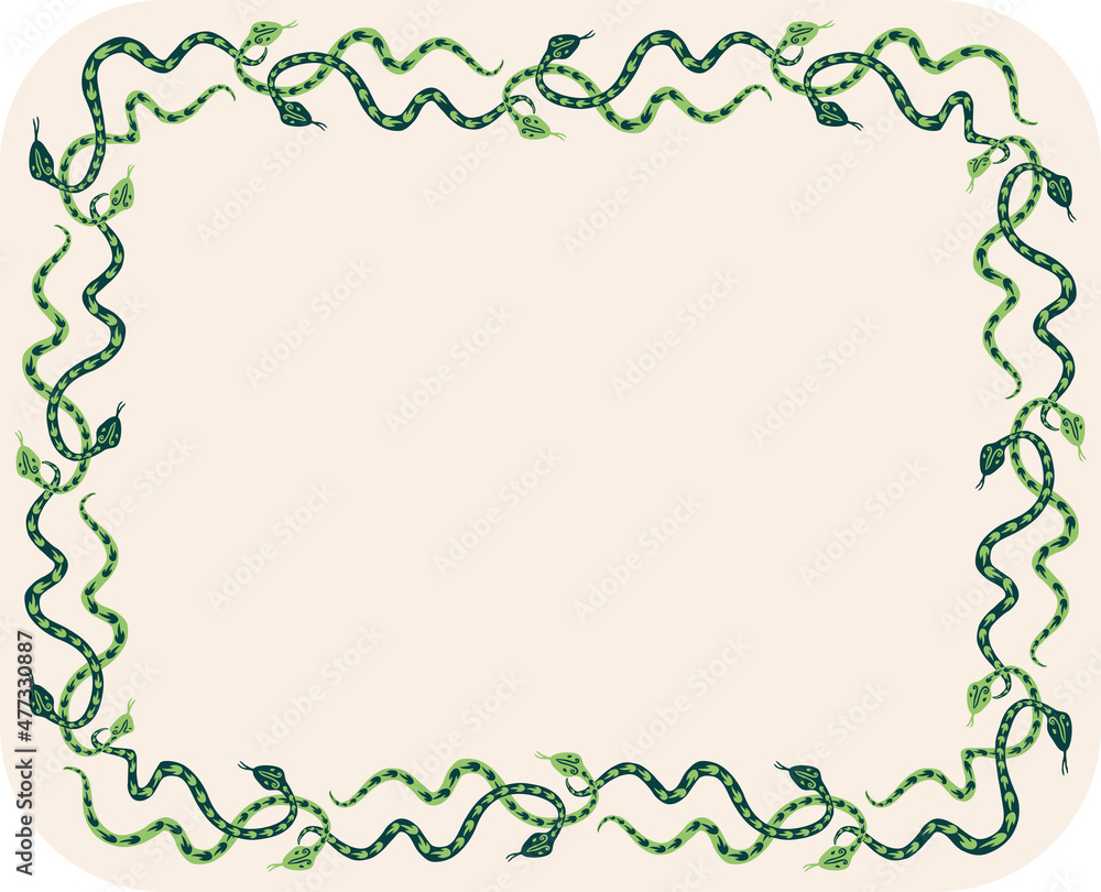 Decorative vector card with border of creeping cartoon green snakes ...