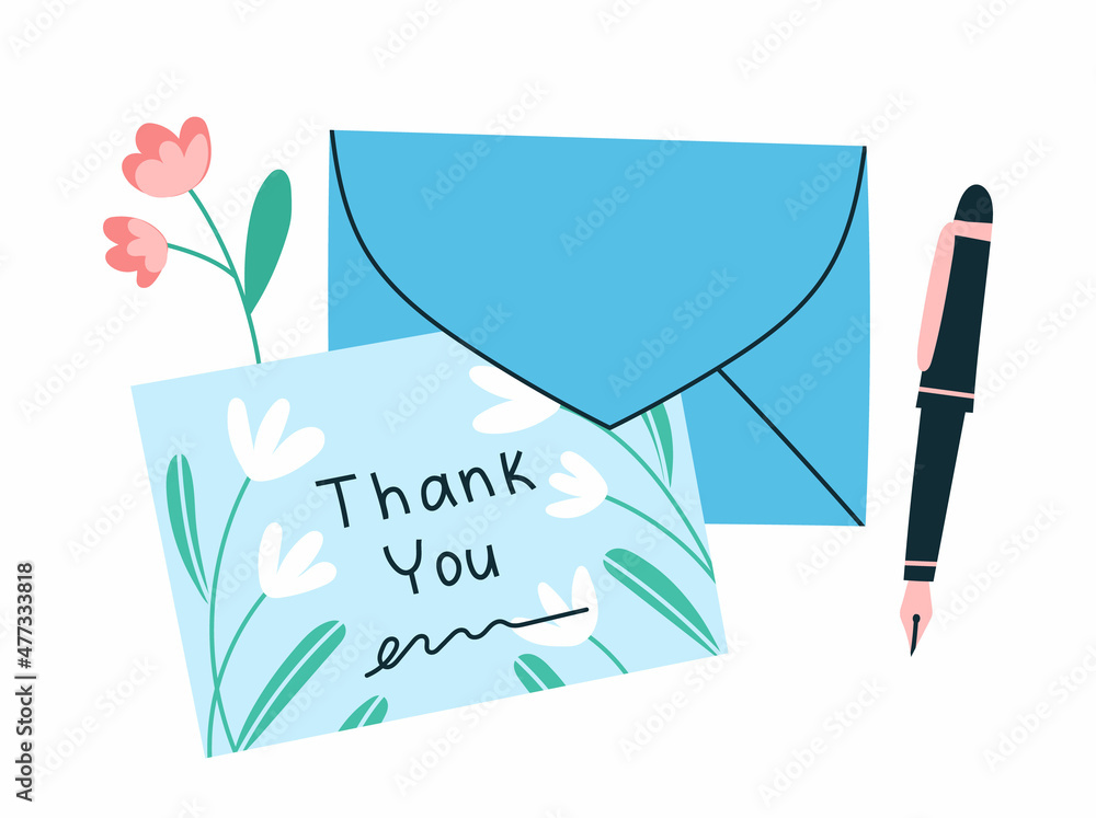 Vector illustration of a Thank You note. Envelope, floral card, flower ...