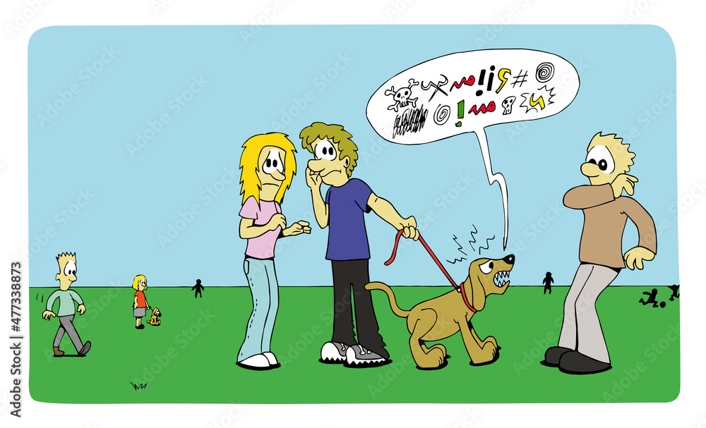 Cute angry dog barking and insulting to a scared man in the park, with ...