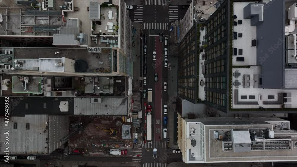 Aerial birds eye overhead top down panning footage of street and ...