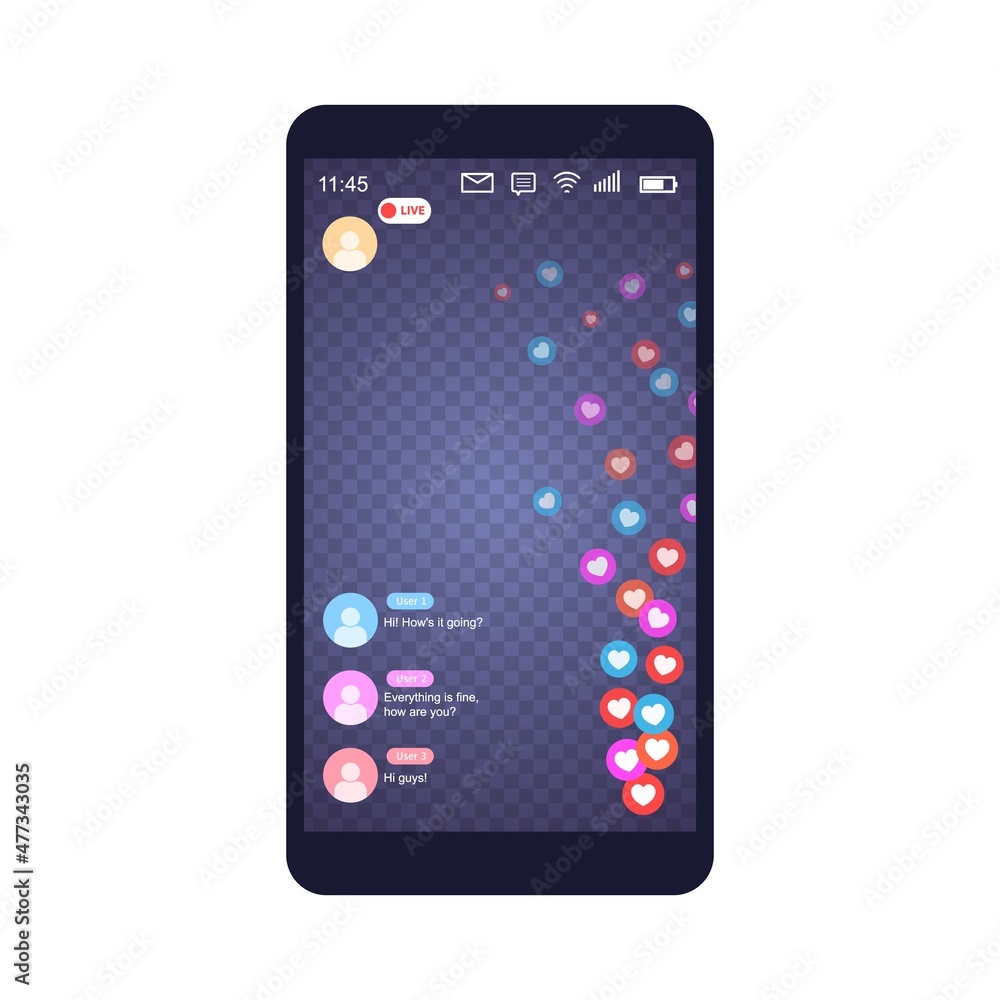 Mockup of mobile app with like live streaming. Interface photo frame ...
