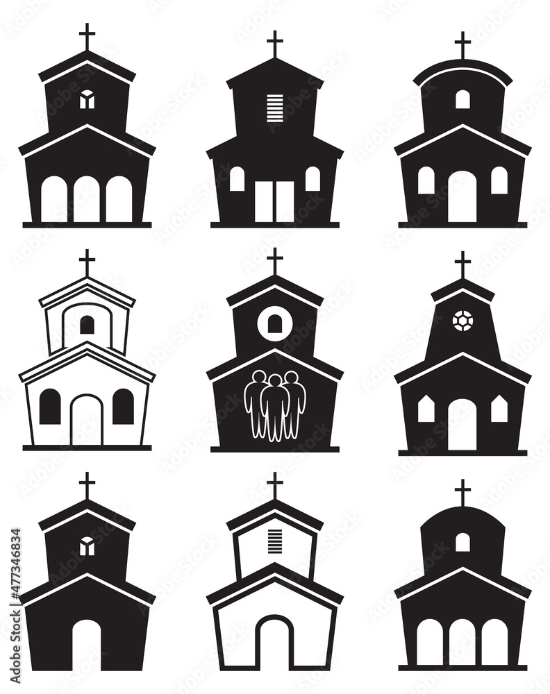 vector black and white icons of church buildings Stock Vector | Adobe Stock