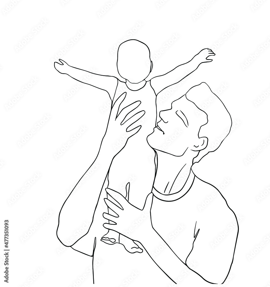 Happy father's day! Father's Day. Line art, doodle. Dad holds the baby ...