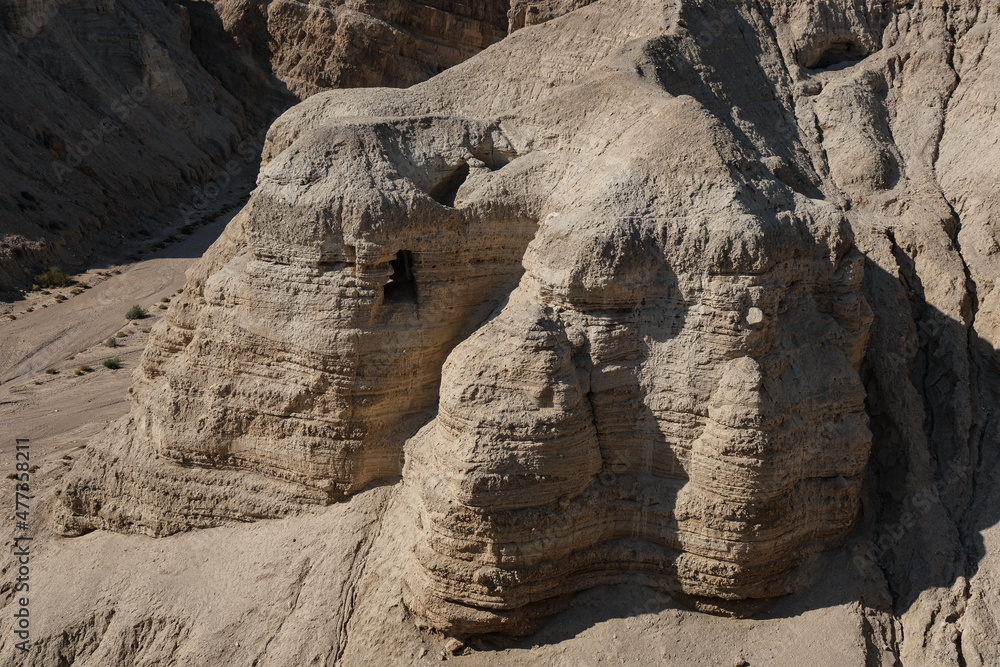 View of the Qumran caves at Wadi Qumran in the Judean desert, the ...