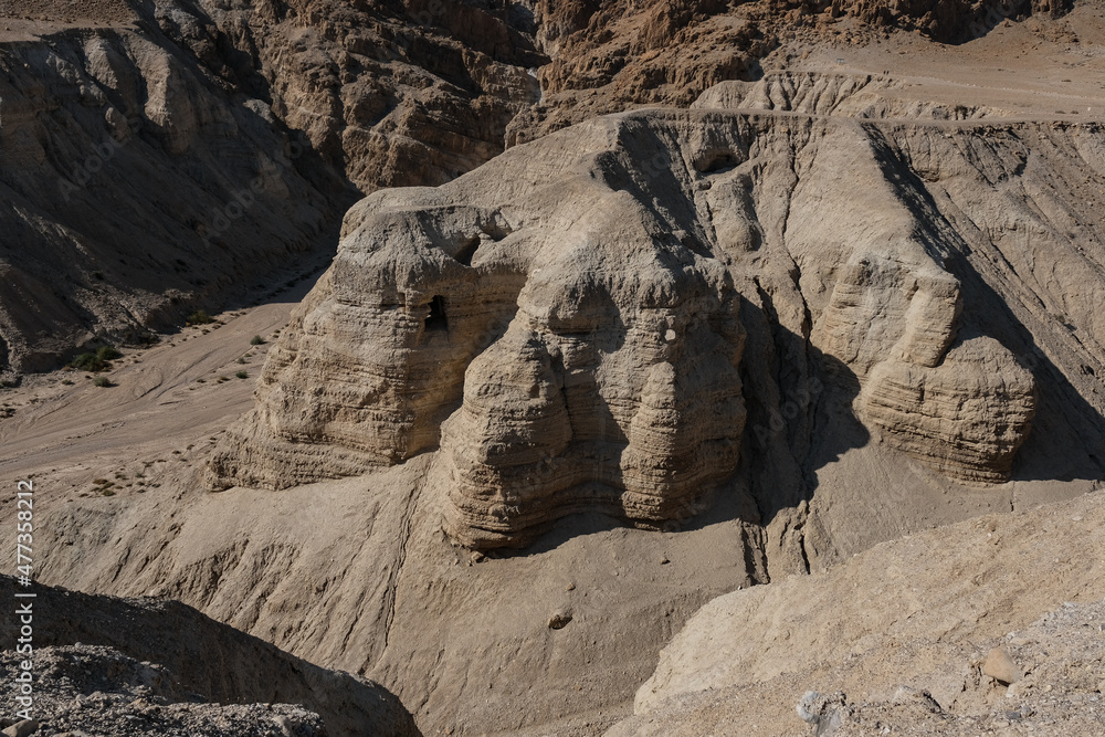 View of the Qumran caves at Wadi Qumran in the Judean desert, the ...
