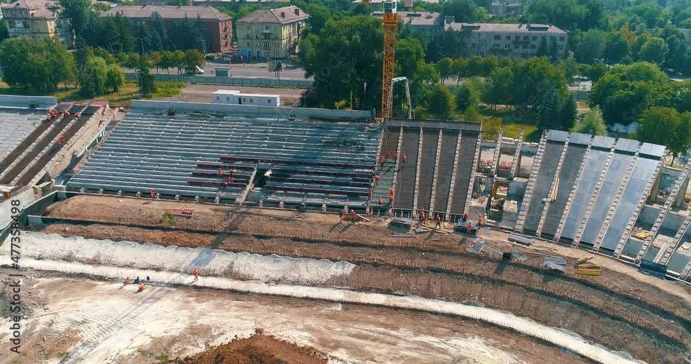 Construction site of the new stadium top view. Construction of a new ...