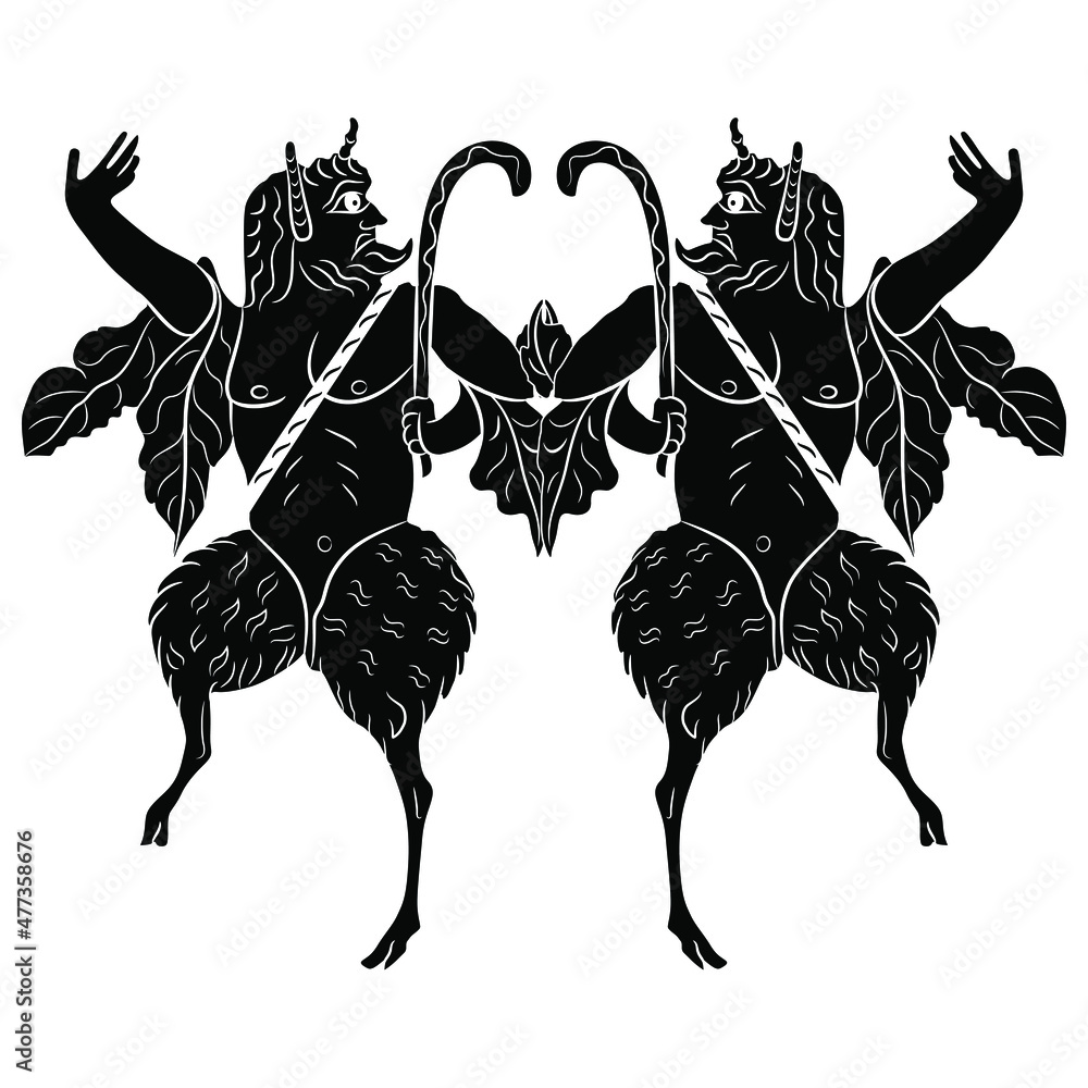 Symmetrical vintage design with two dancing ancient Greek satyrs. Black ...